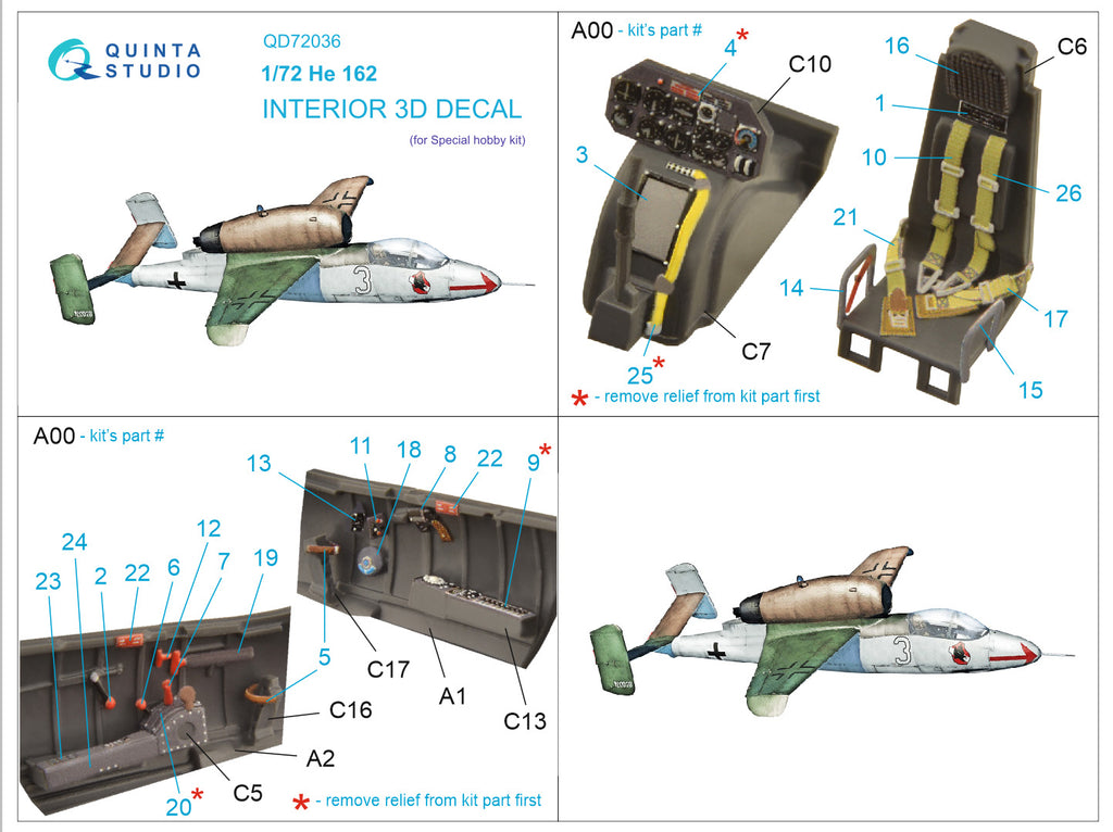 He 162 3D-Printed & coloured Interior on decal paper (Special Hobby ...